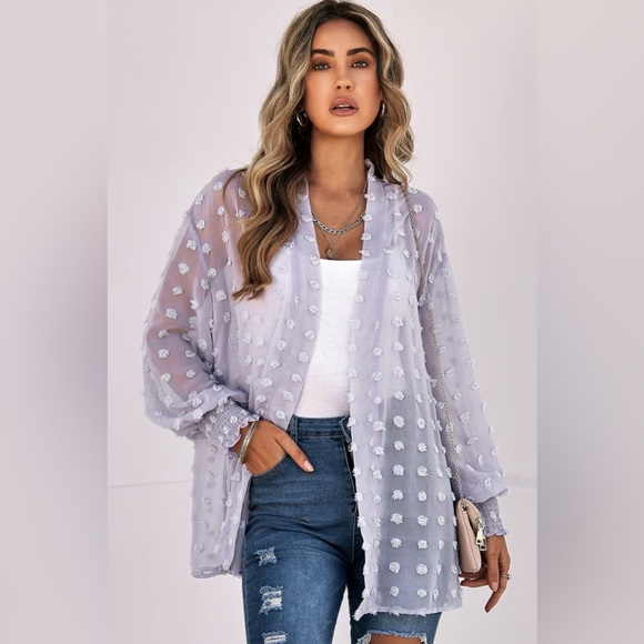 Tops | Swiss Dot Smocked Cuff Open Front Sheer Top | Poshmark